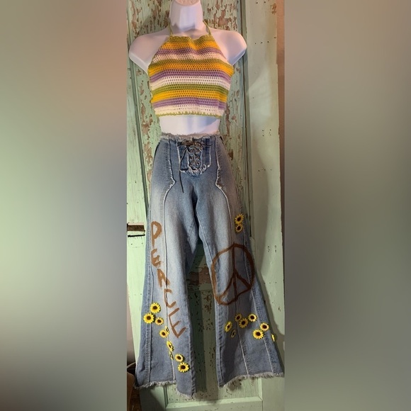 Younique | Jeans | Preloved Younique Jeans Hippie Peace Sign Sunflowers ...